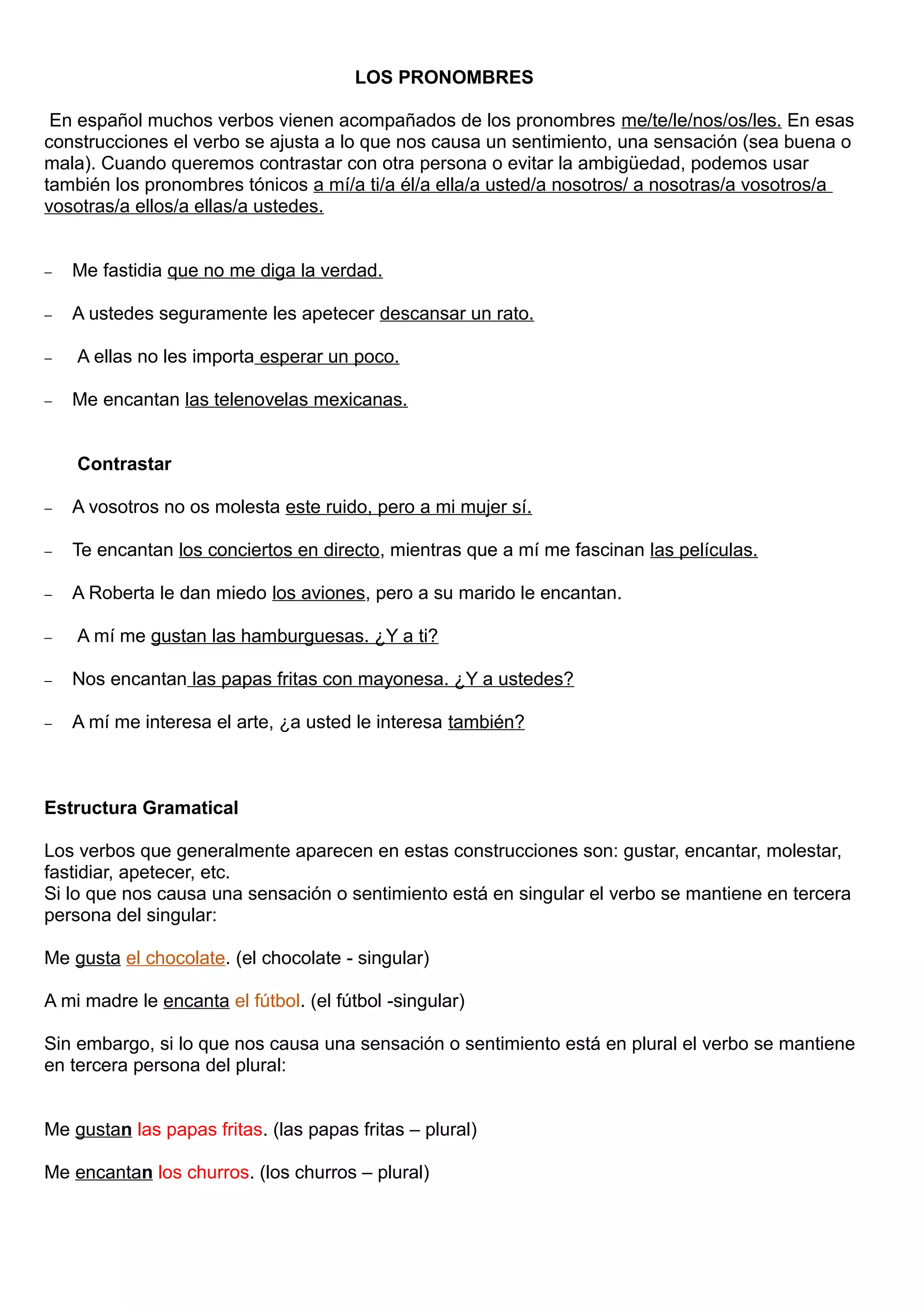 El uso de los pronombres con el verbo gustar y semejantes | DOC