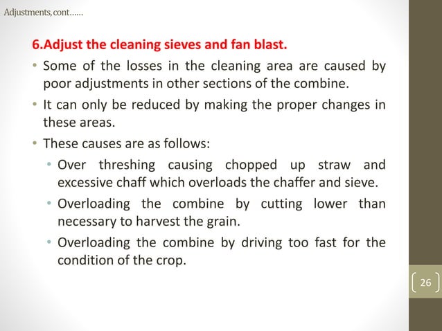 Losses and adjustment in combine harvester | PPTX
