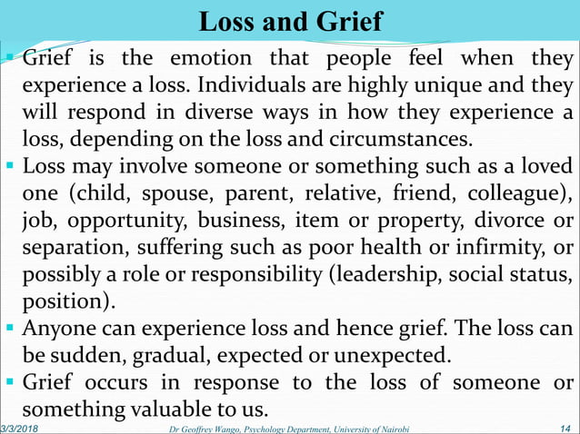 'Loss, Grief and Bereavement Coping with Loss and Grief' | PPT