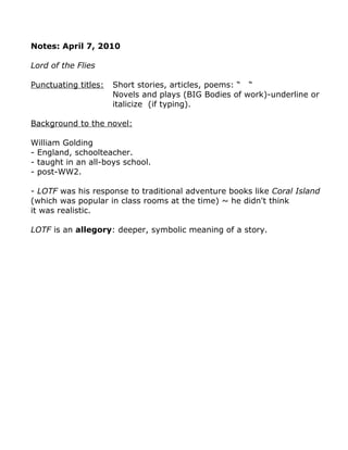 Lotf Notes April 7 | DOC | Fiction | Books and Literature