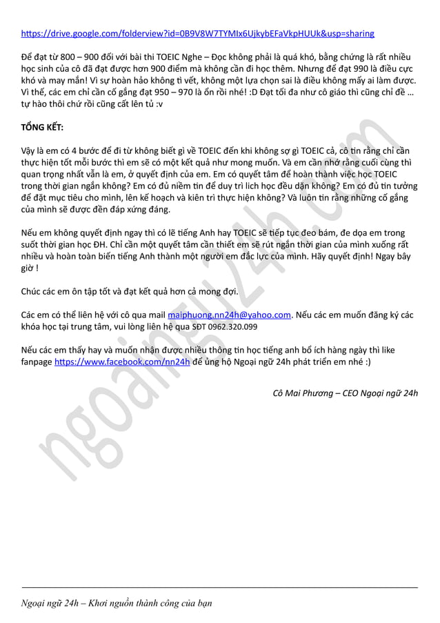 Lộ trình ôn Toeic từ 200-990 điểm từ cô Mai Phương (phần 2) | PDF
