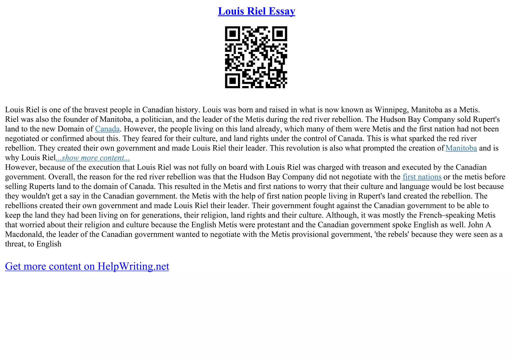 Louis Riel Summary | PDF