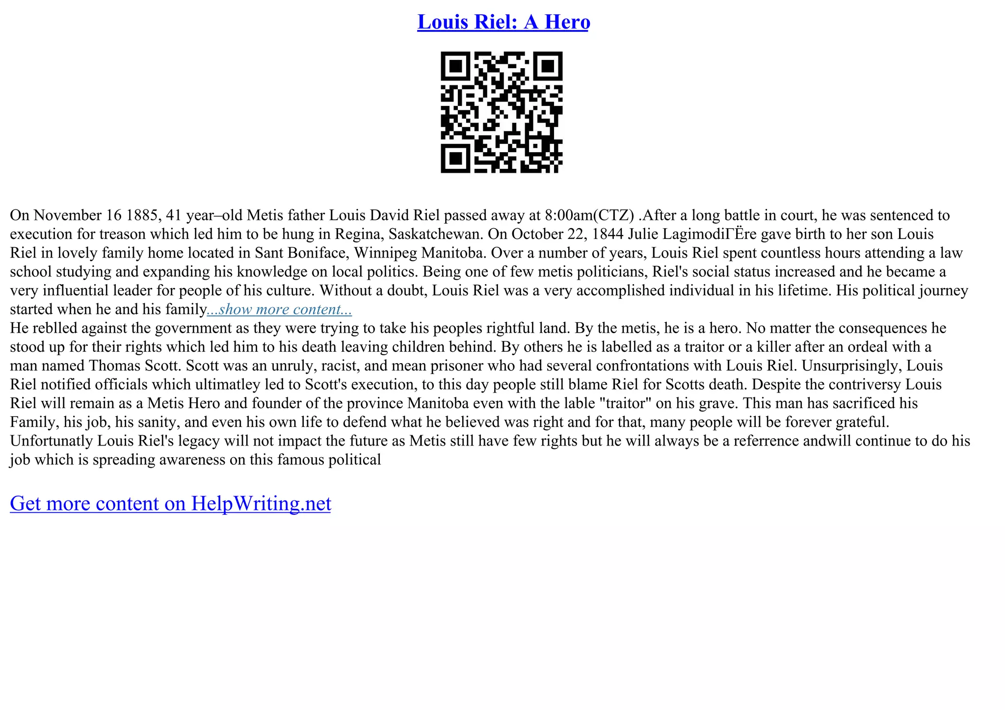 Louis Riel Summary | PDF