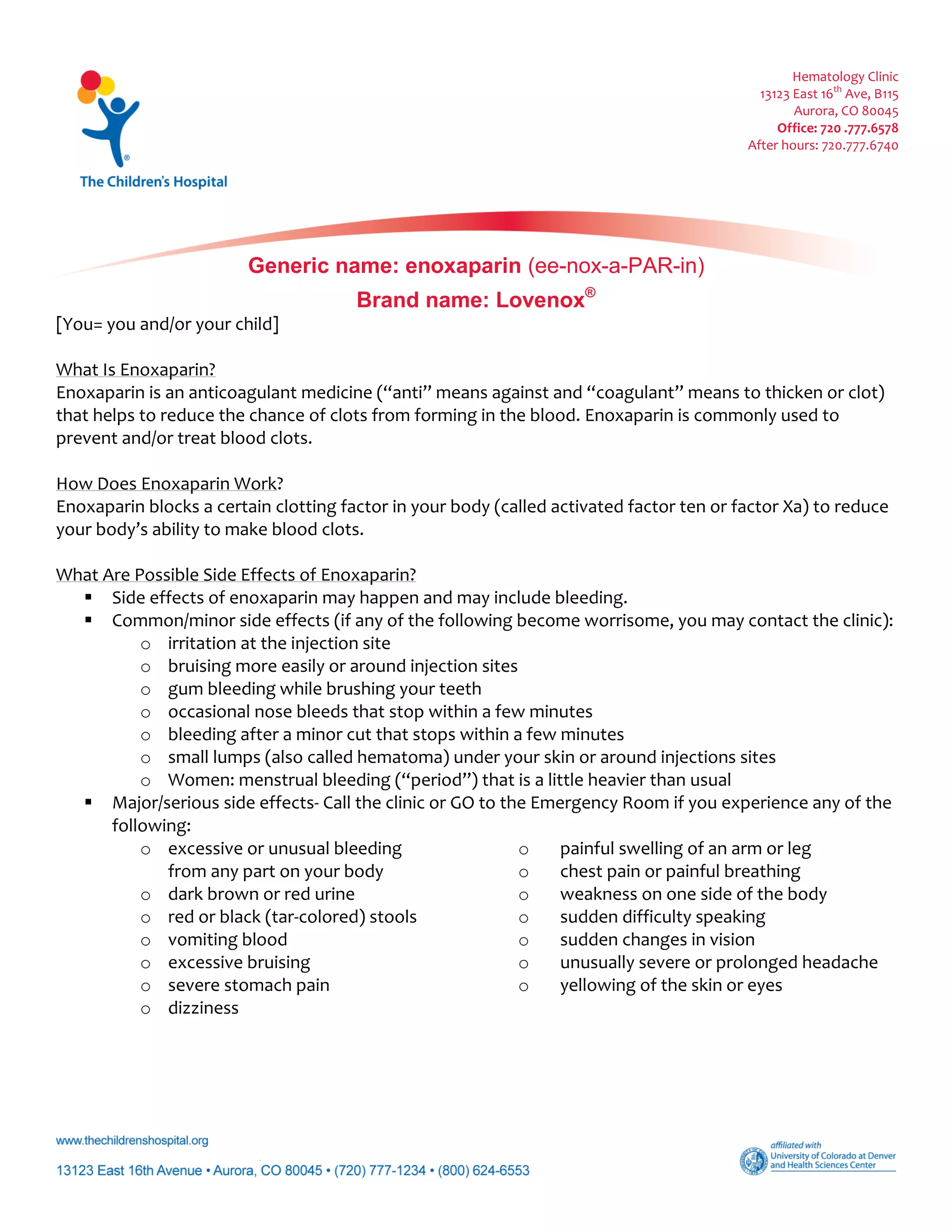 Enoxaparin/Lovenox Patient Education Handout | PDF