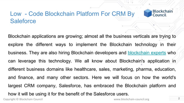 Low code blockchain platform for crm by salesforce | PPT
