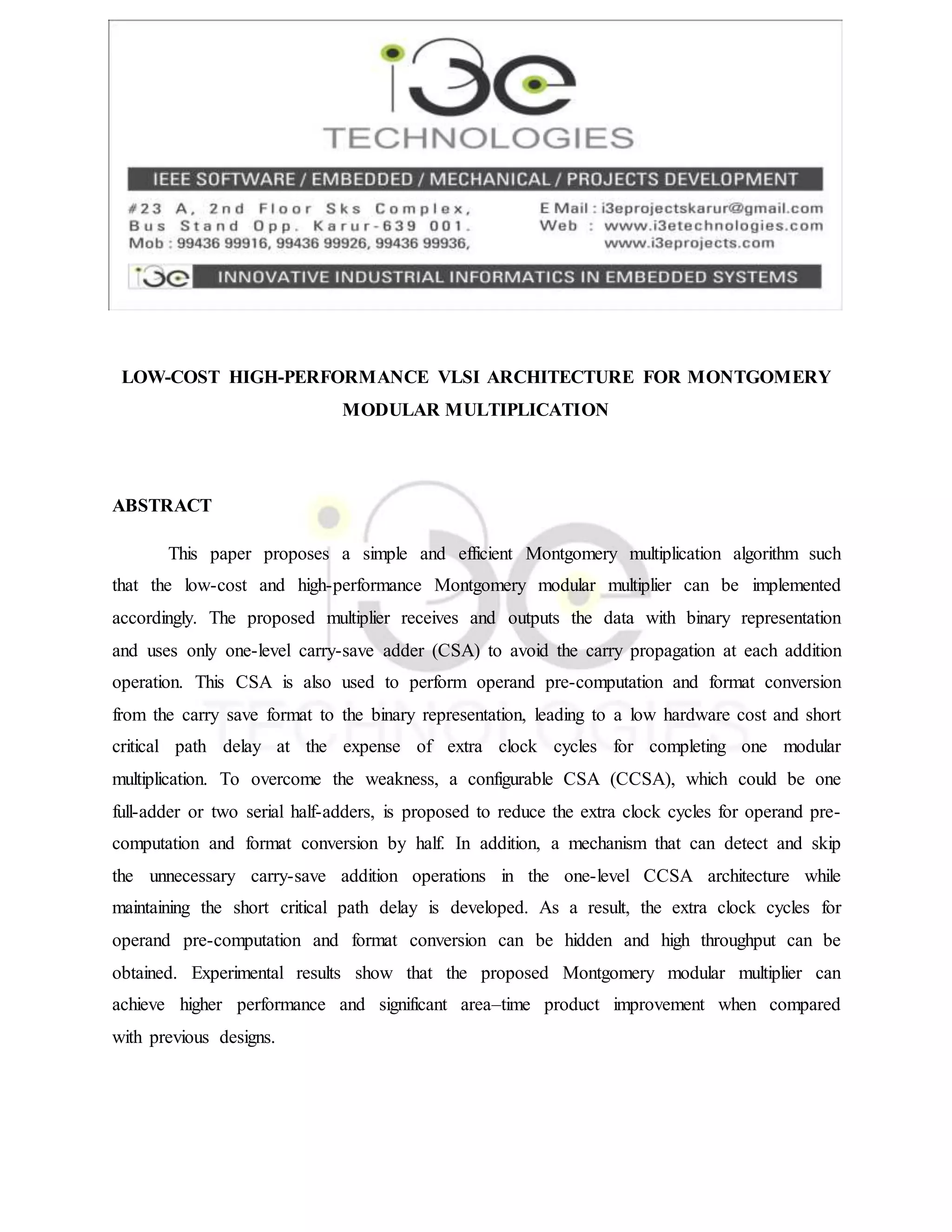 Low Cost High Performance Vlsi Architecture For Montgomery Modular Multiplication Pdf