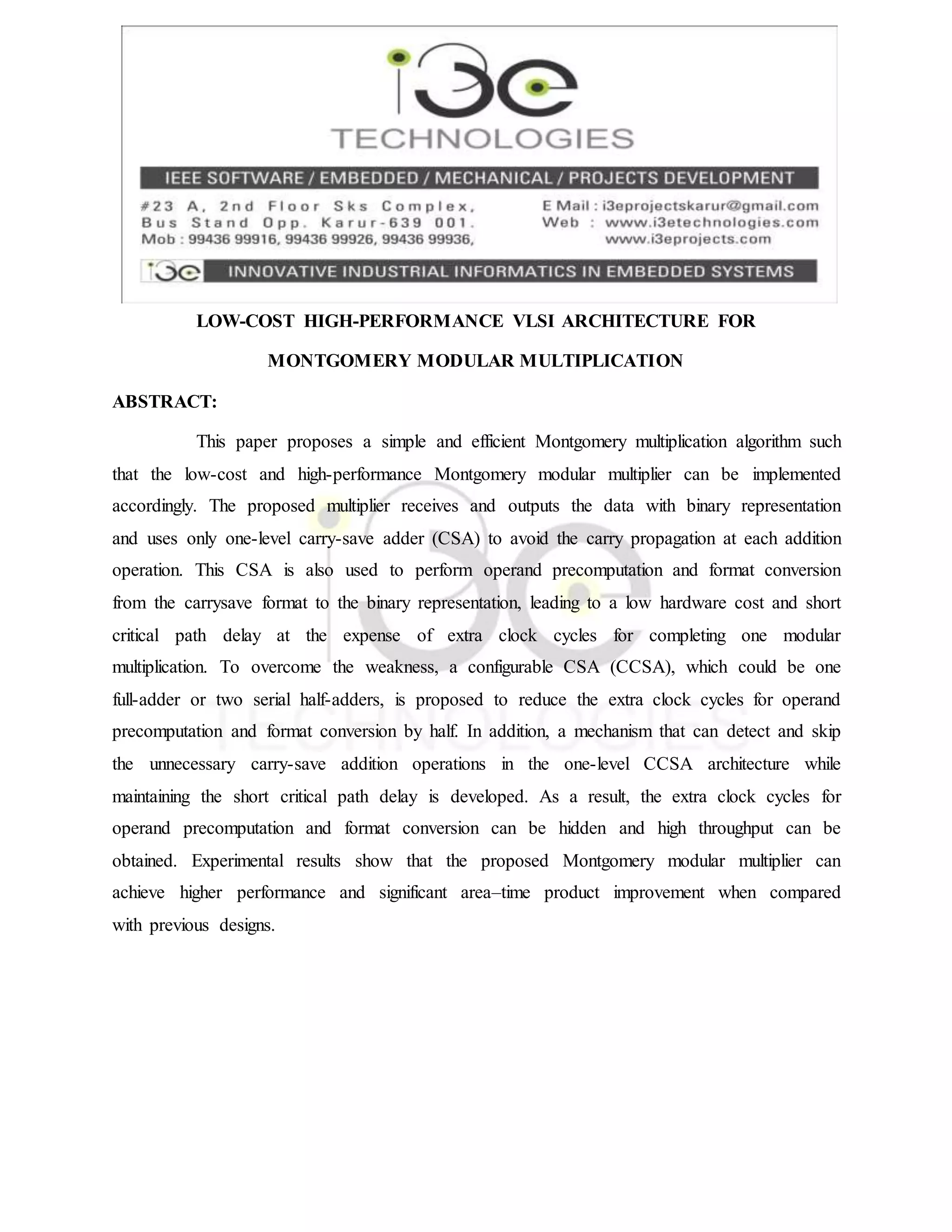 Low cost high-performance vlsi architecture for montgomery modular multiplication | PDF