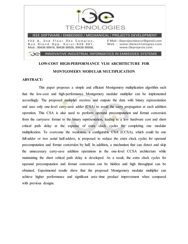 Low cost high-performance vlsi architecture for montgomery modular multiplication | PDF