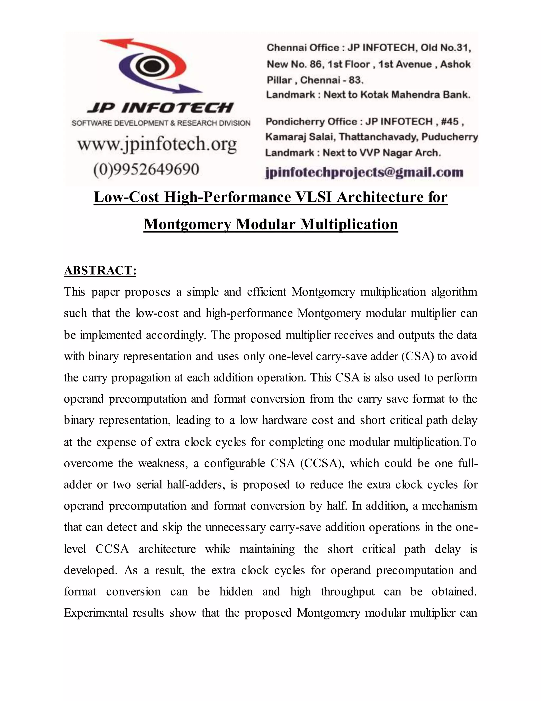 Low Cost High Performance Vlsi Architecture For Montgomery Modular Multiplication Pdf