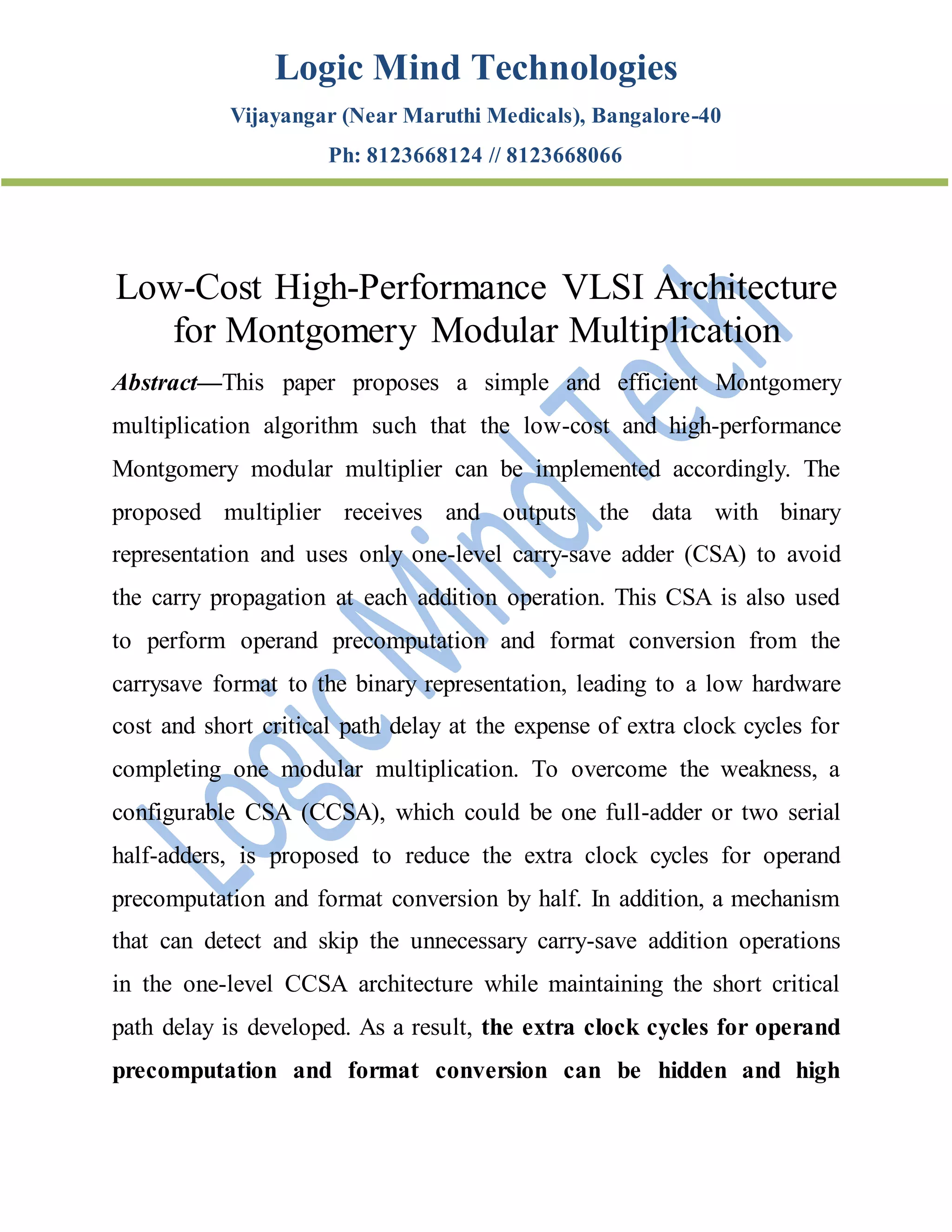 Low Cost High Performance Vlsi Architecture For Montgomery Modular Multiplication Pdf