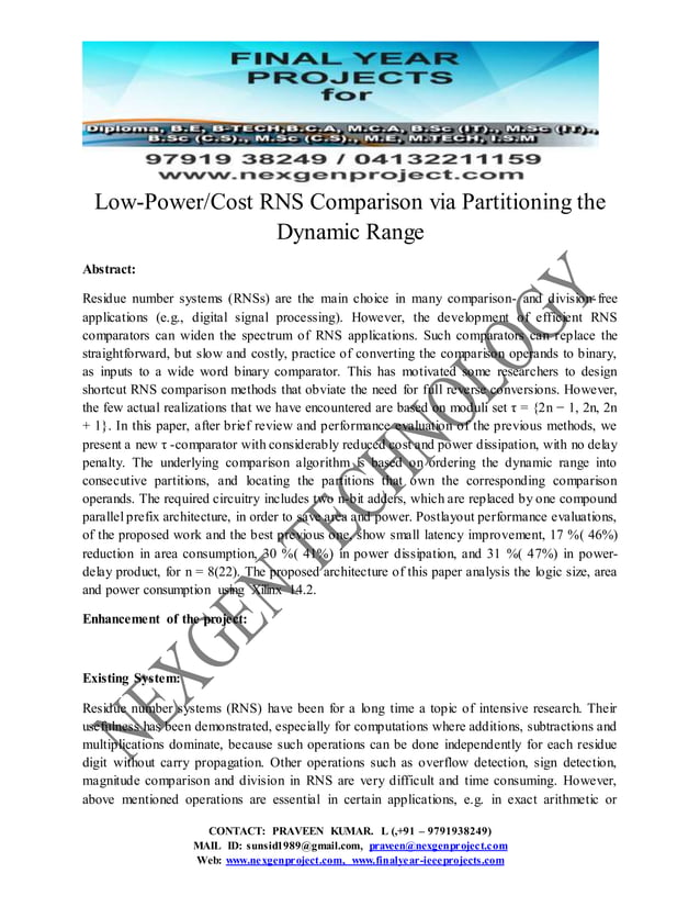 Low Power Cost Rns Comparison Via Partitioning The Dynamic Range Pdf