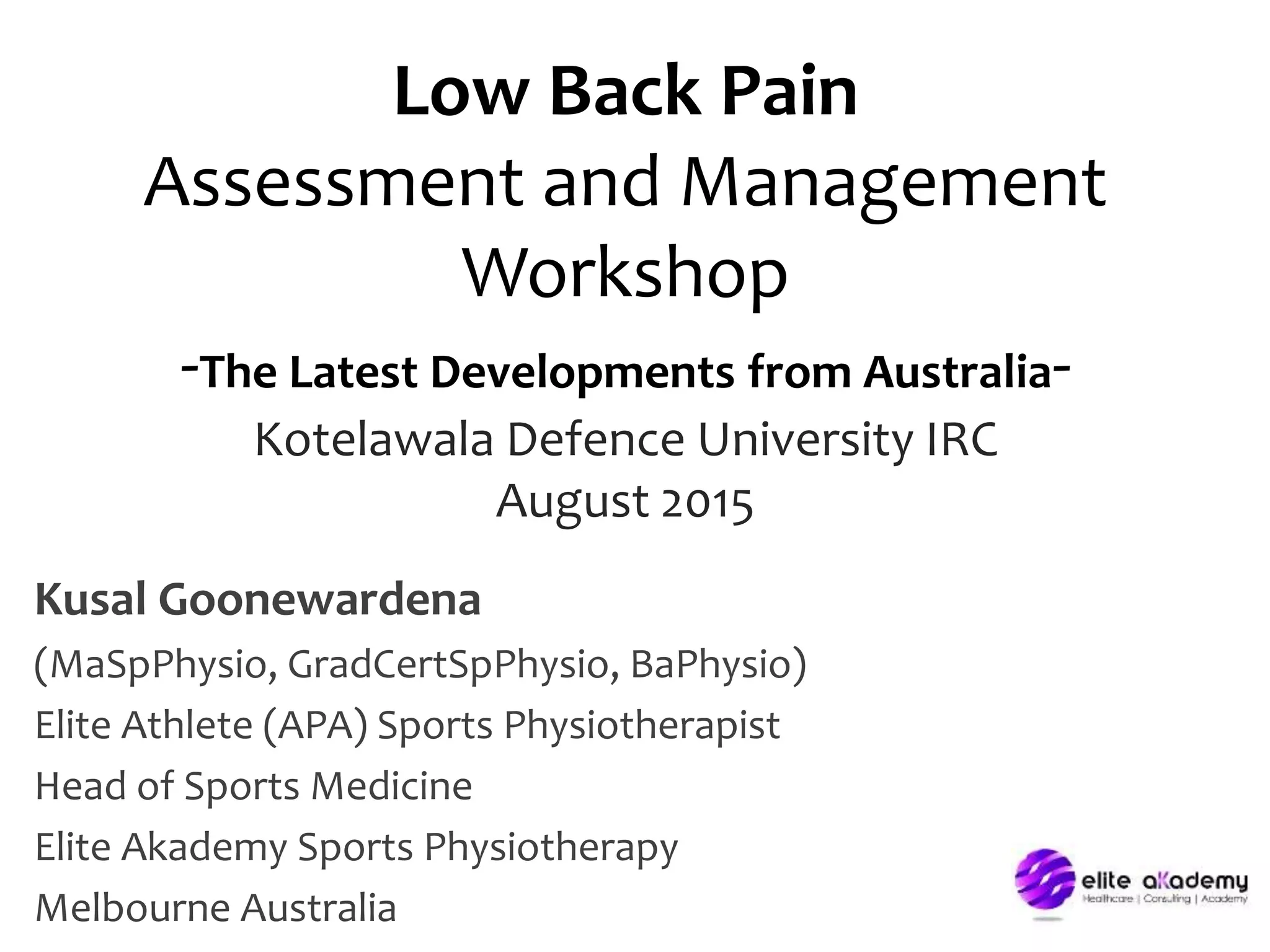Low Back Pain Assessment & Management workshop | KDU | International ...
