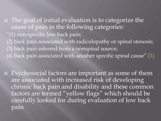 LOW BACK PAIN cause risk factors how to evaluate treatment | PPTX
