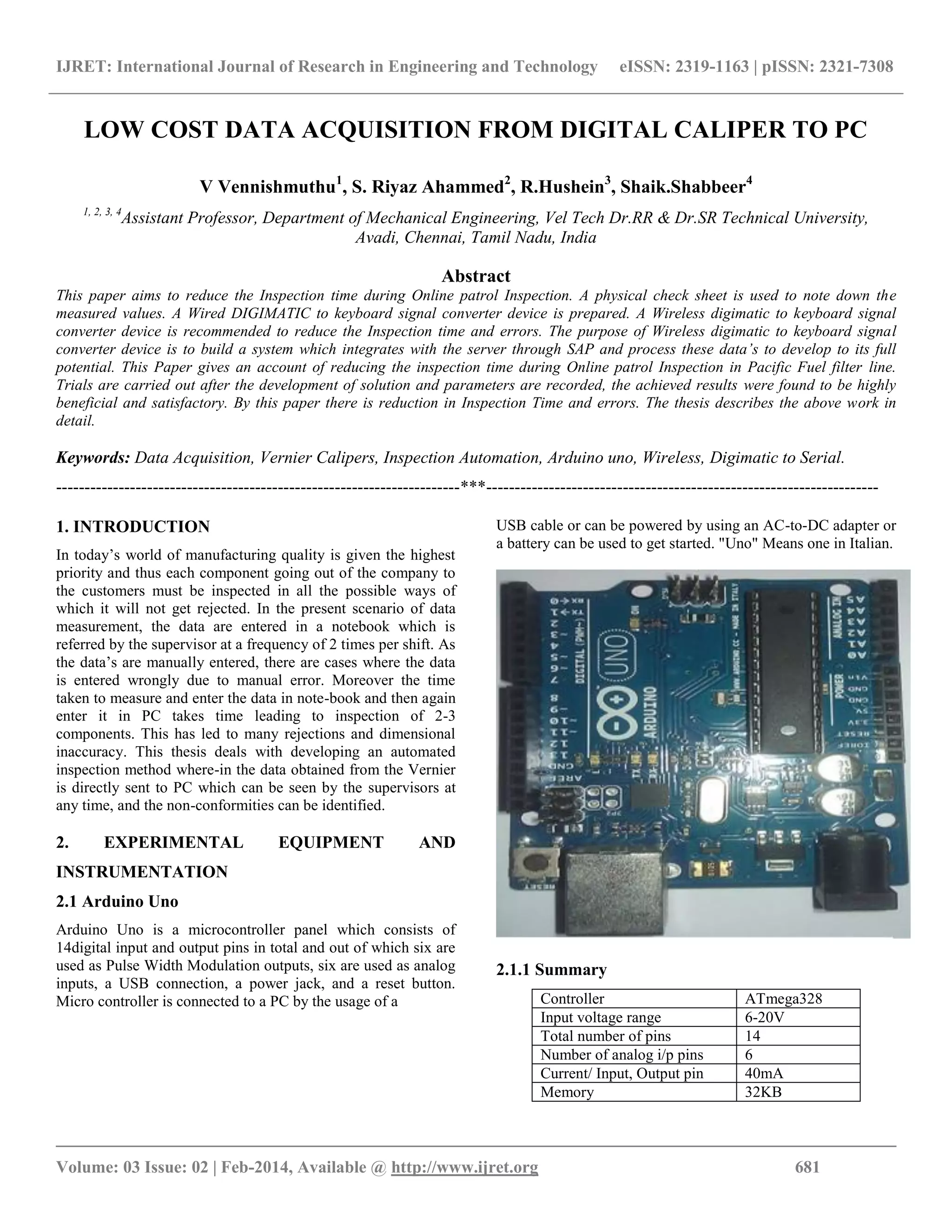 Low cost data acquisition from digital caliper to pc | PDF