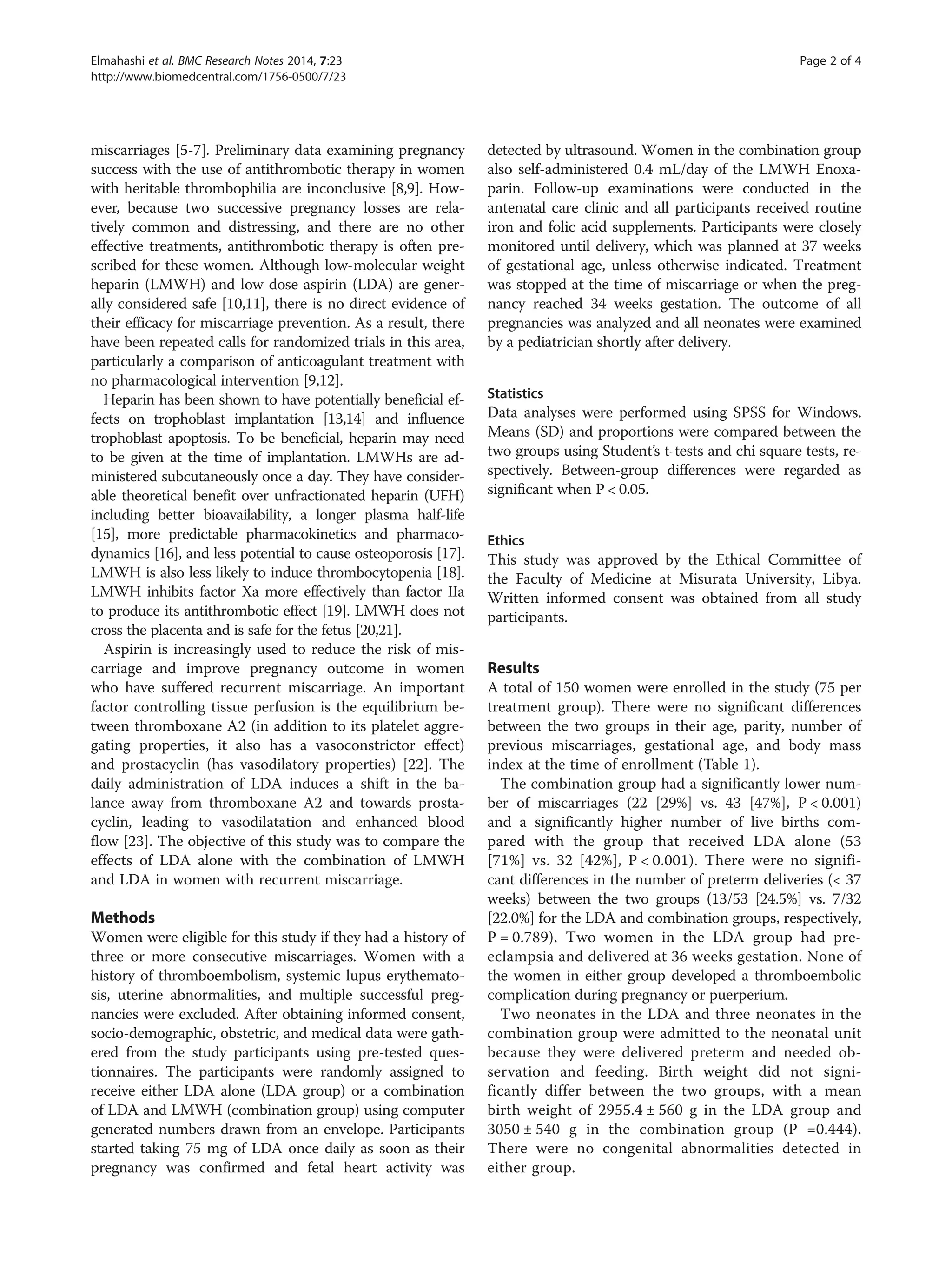 Low dose aspirin and low molecular weight heparin in recurrent miscarriage | PDF