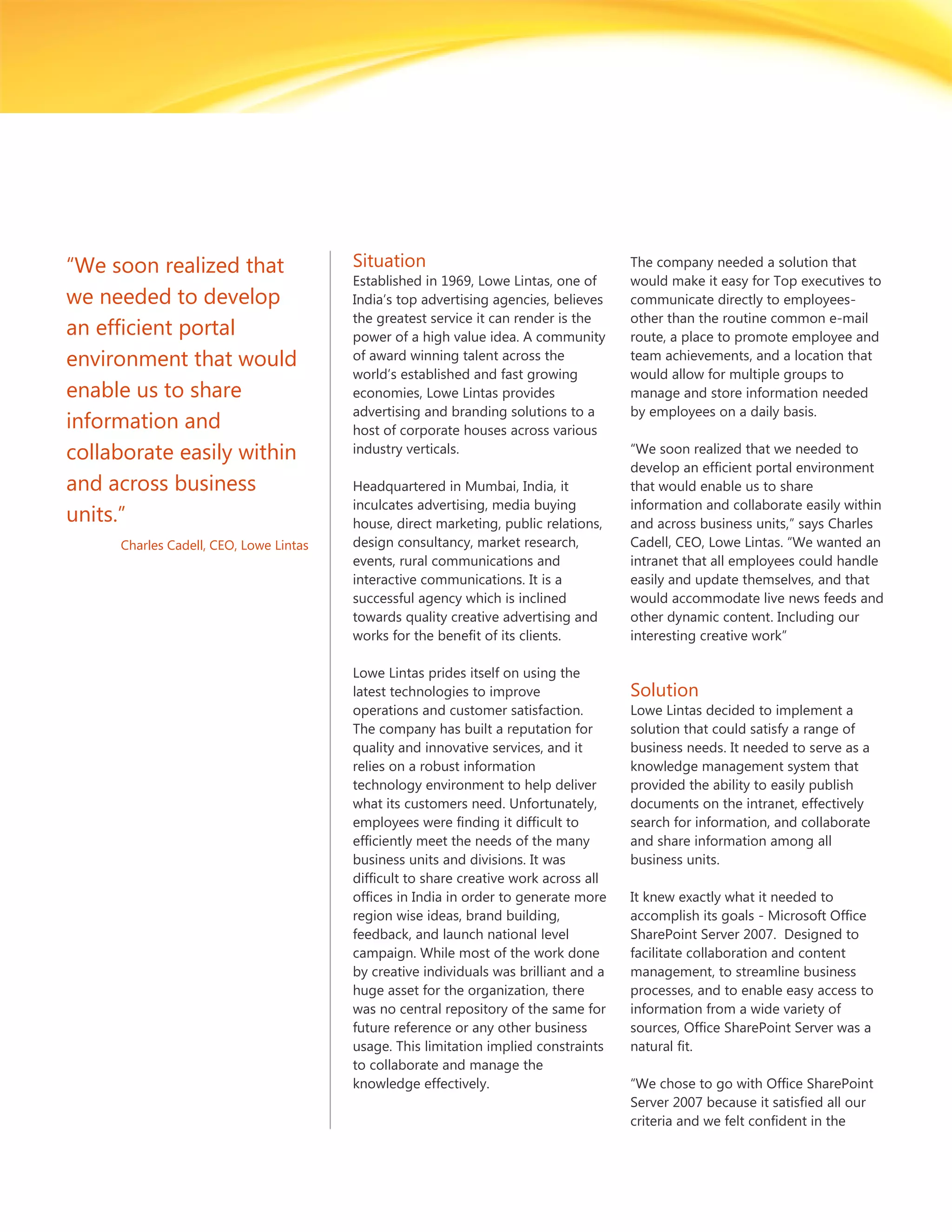 Lowe Lintas Case Study - Prosares Solutions Pvt Ltd | PDF