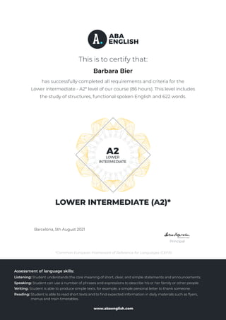 Certificato corso Inglese livello A2 | PDF