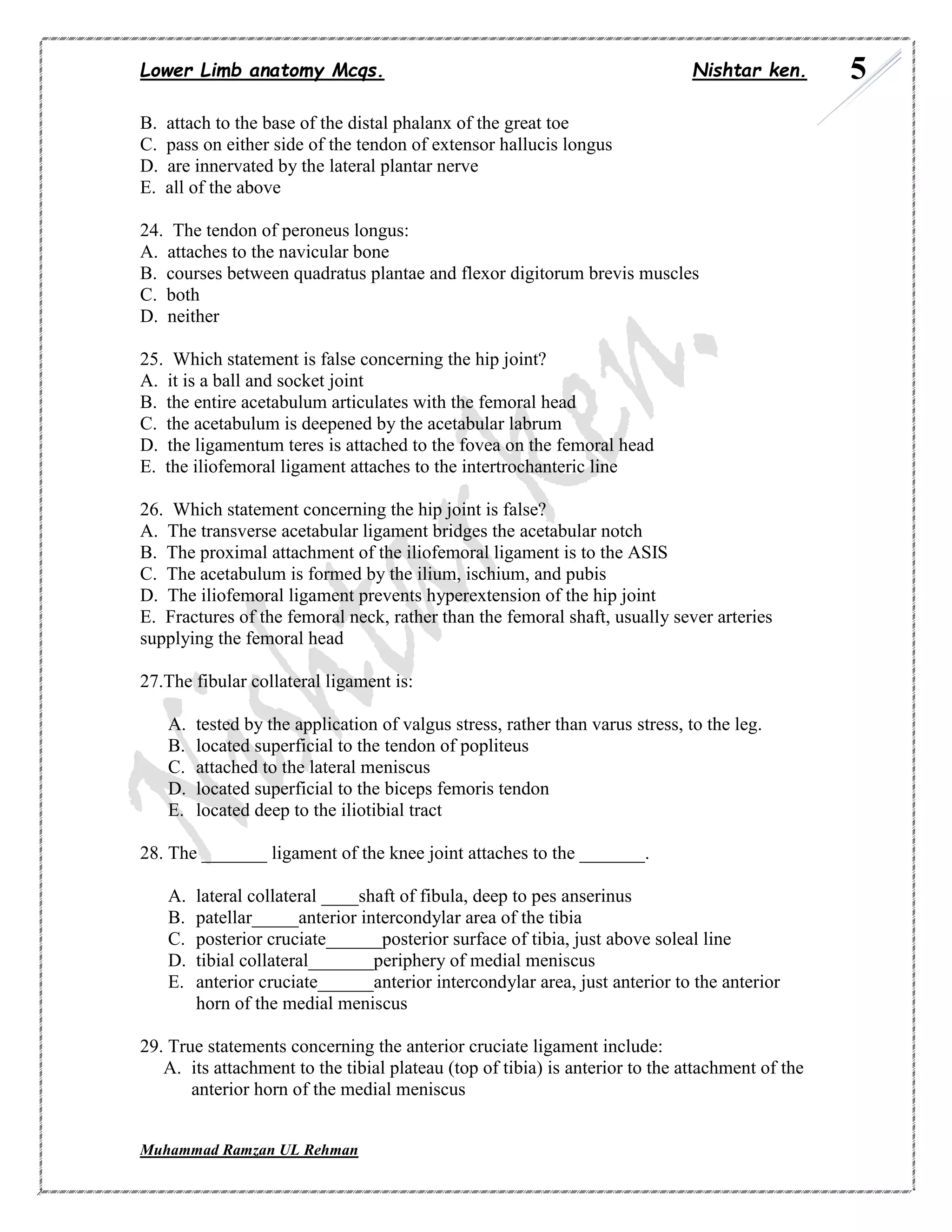 Lower limb MCQs | PDF