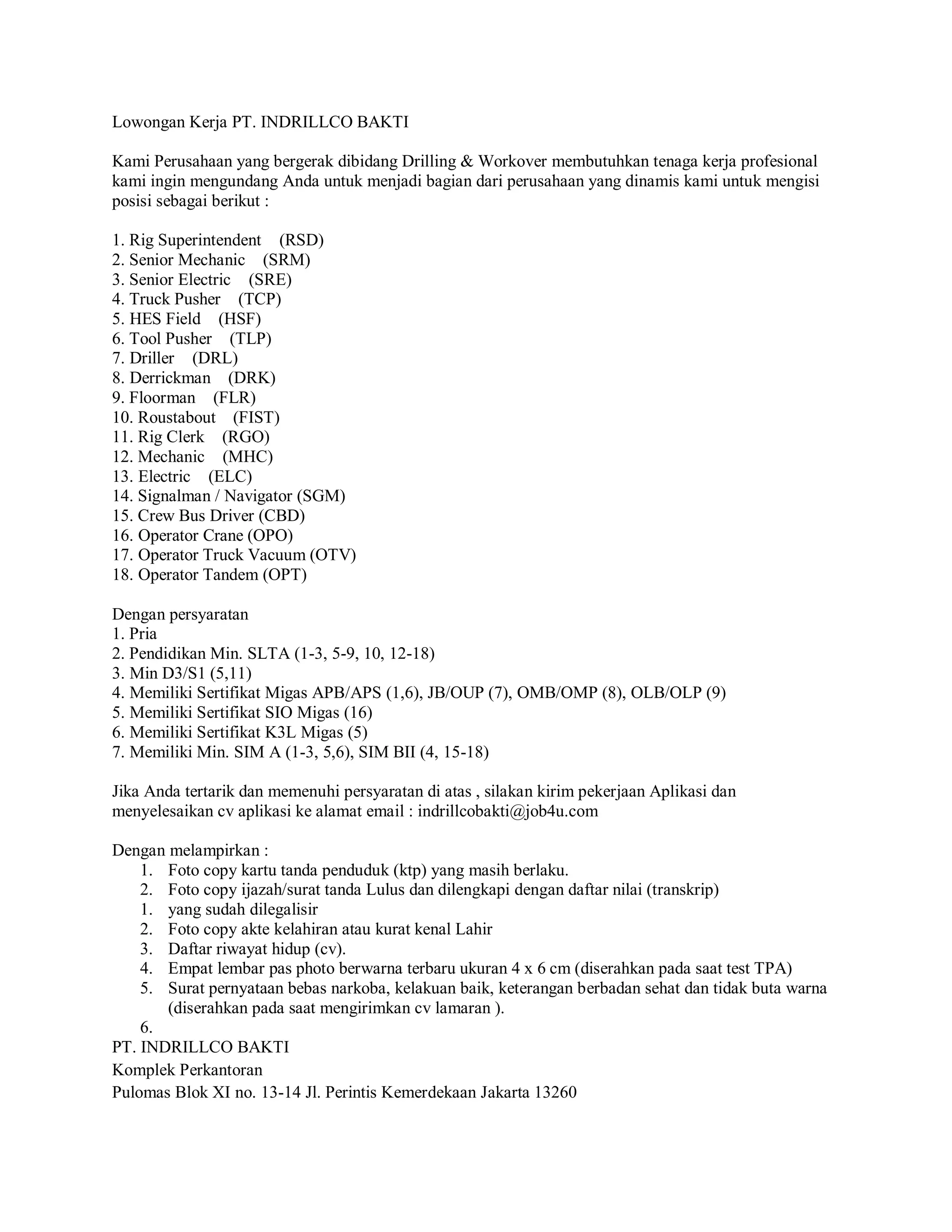Lowongan kerja pt. indrillco bakti 2014 | PDF