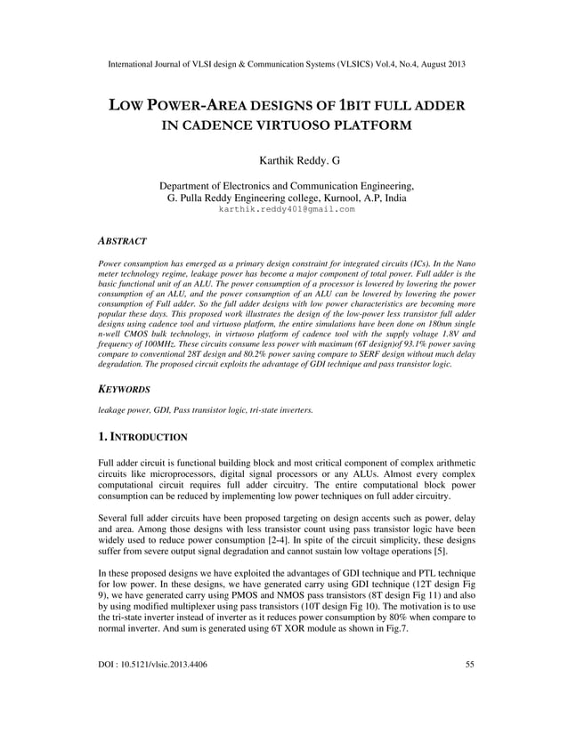LOW POWER-AREA DESIGNS OF 1BIT FULL ADDER IN CADENCE VIRTUOSO PLATFORM | PDF