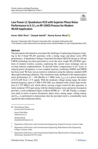 Low Power LC-Quadrature VCO with Superior Phase Noise Performance in 0.13 μmRF-CMOS Process for ...