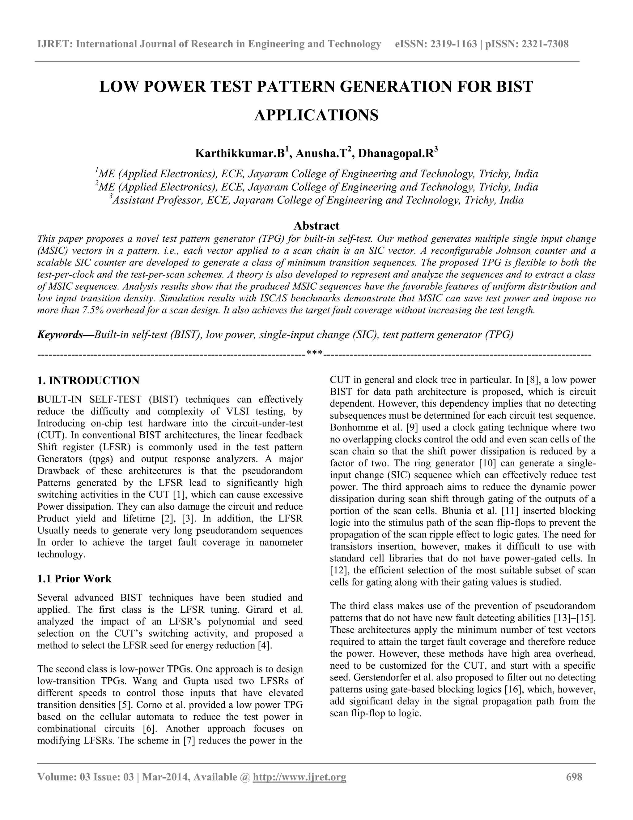 Low power test pattern generation for bist applications | PDF