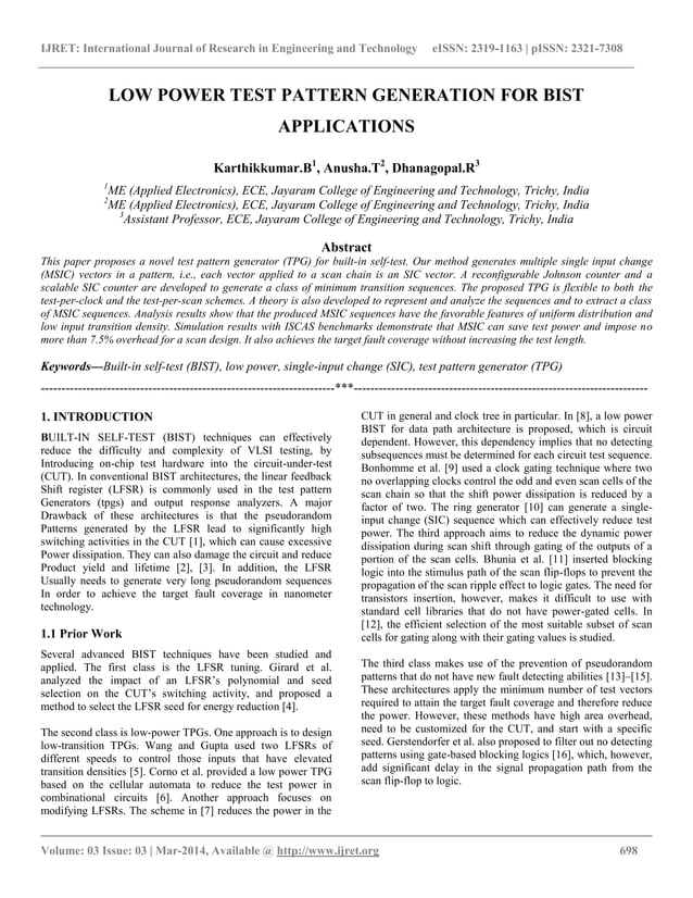 Low power test pattern generation for bist applications | PDF