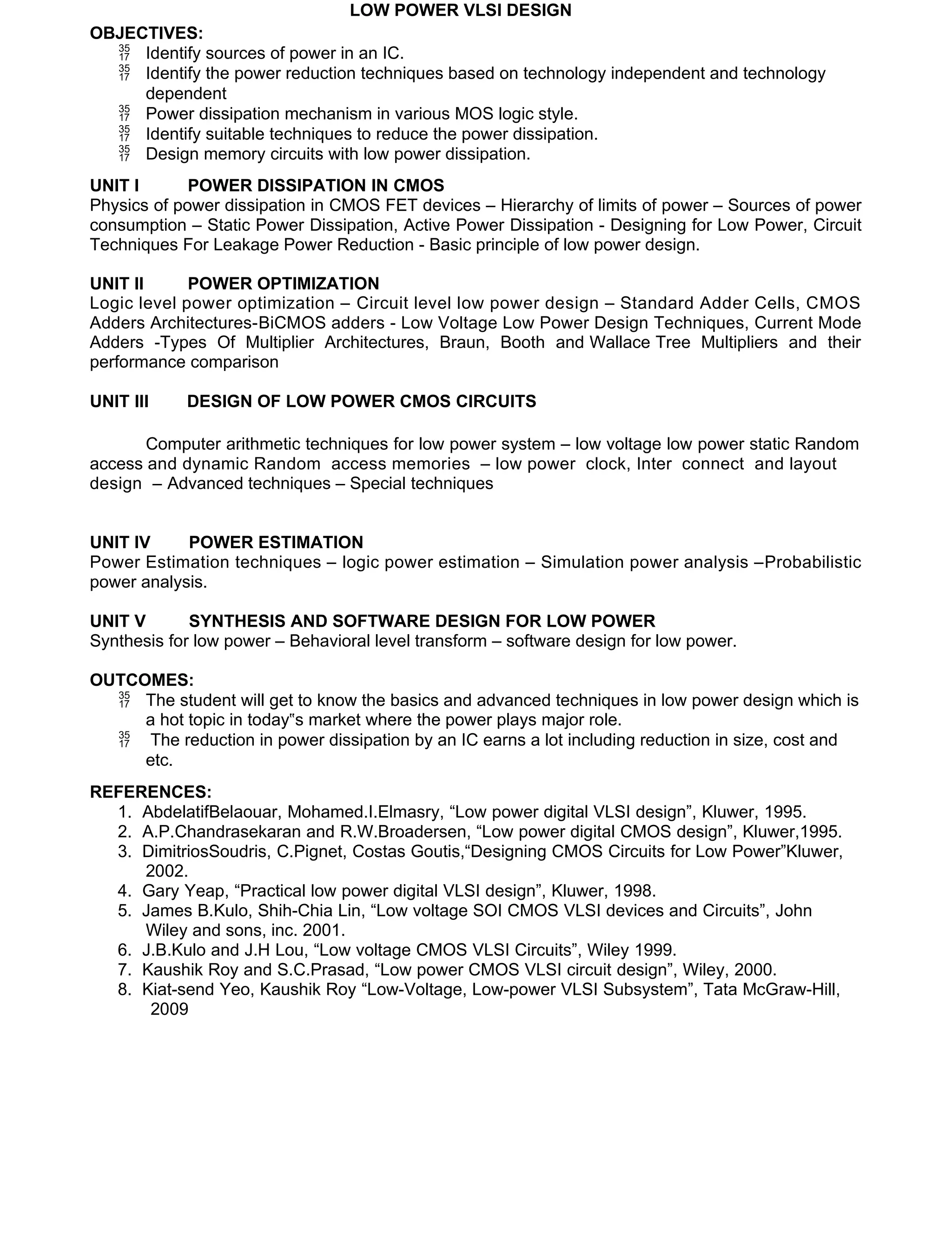 LOW POWER VLSI DESIGN.docx syllabus very large scale integration | PDF