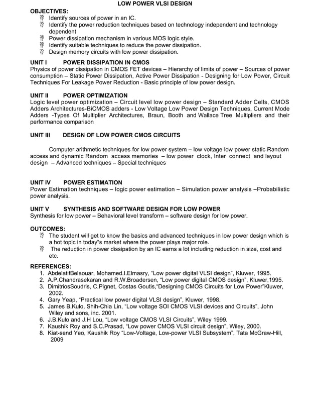 LOW POWER VLSI DESIGN.docx syllabus very large scale integration | PDF