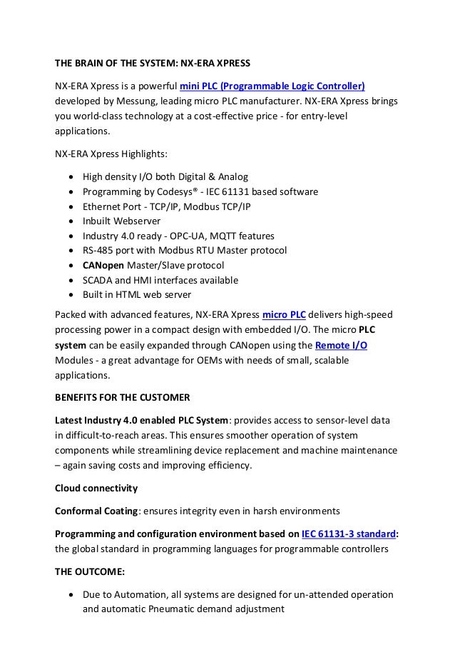 LOW PRESSURE AIR COMPRESSOR PLANT AUTOMATION WITH MESSUNG'S NX-ERA ...