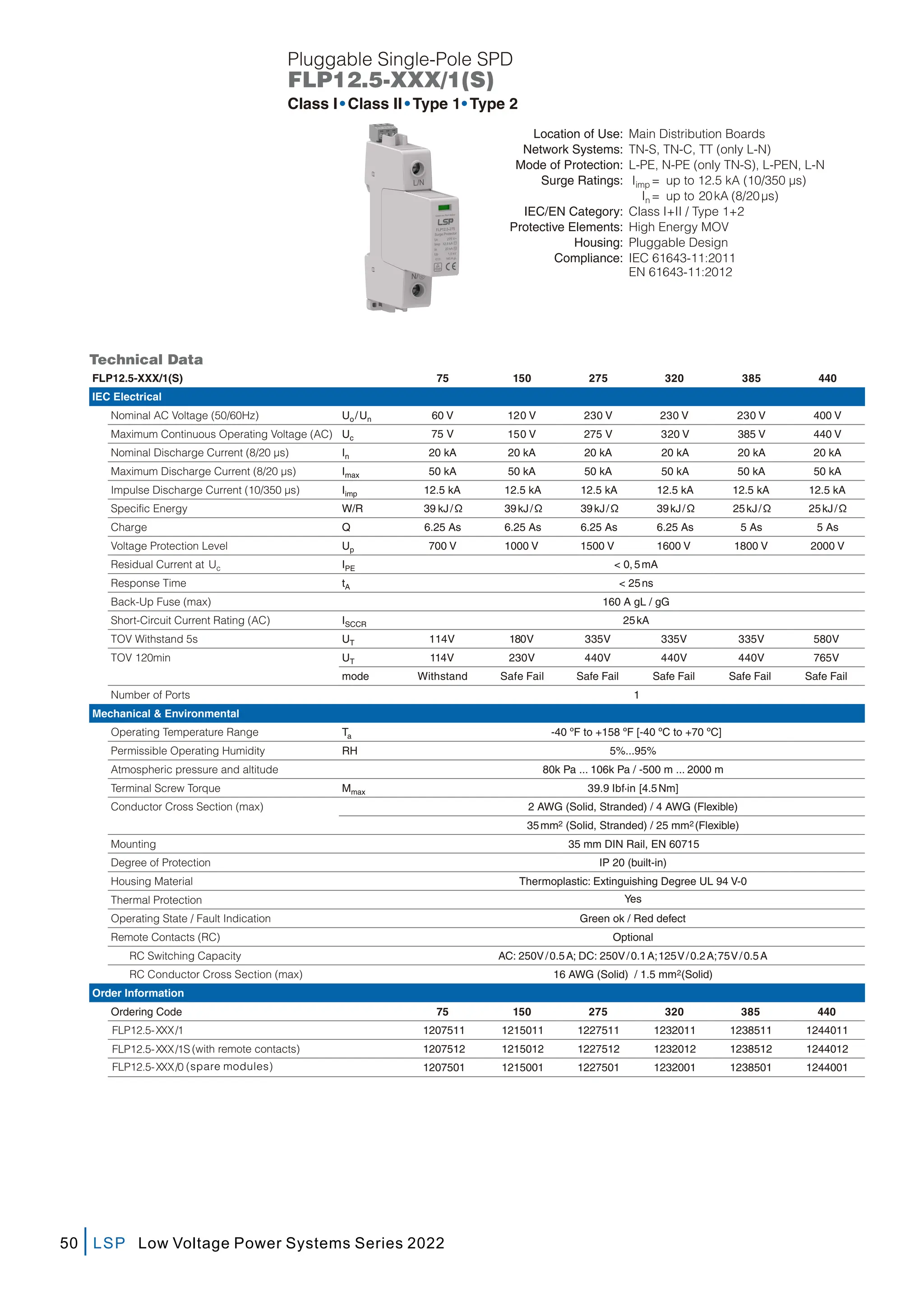 Low Voltage Catalog Type 12 AC Surge Protection Device SPD FLP12.5 ...
