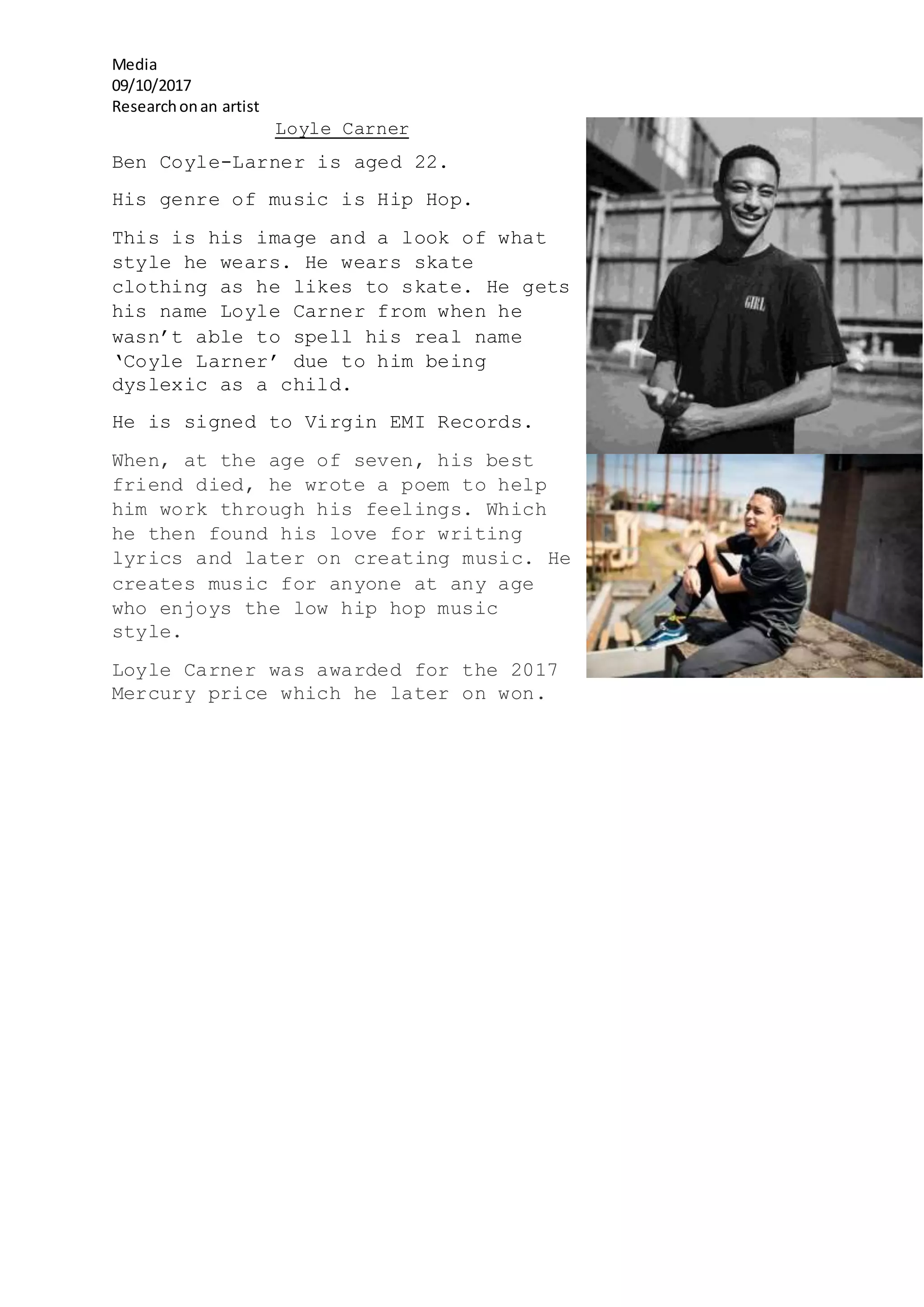 Artist research- Loyle carner | DOCX