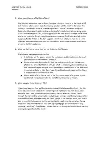 FILM APPRECIATION THE SHINING | DOCX