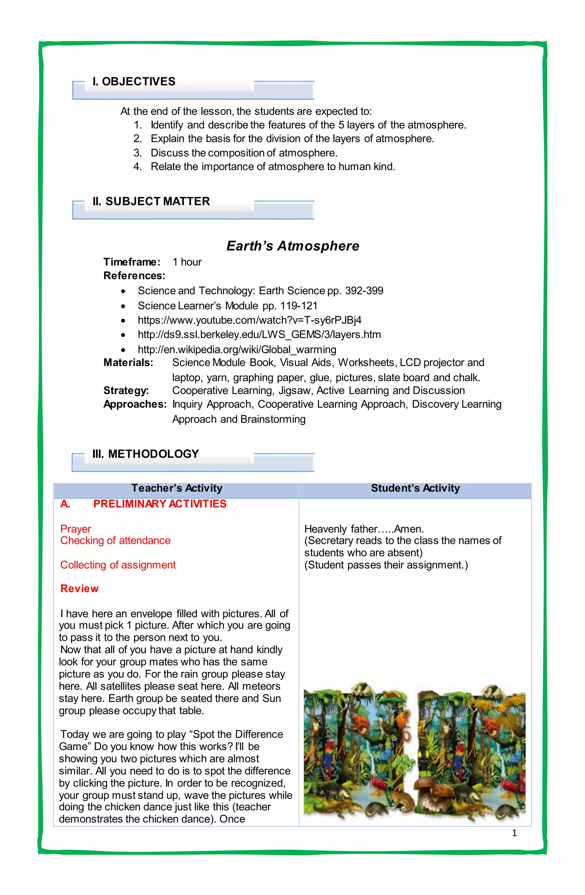 Detailed Lesson Plan - Earth's Atmosphere | DOCX | Geography | Science