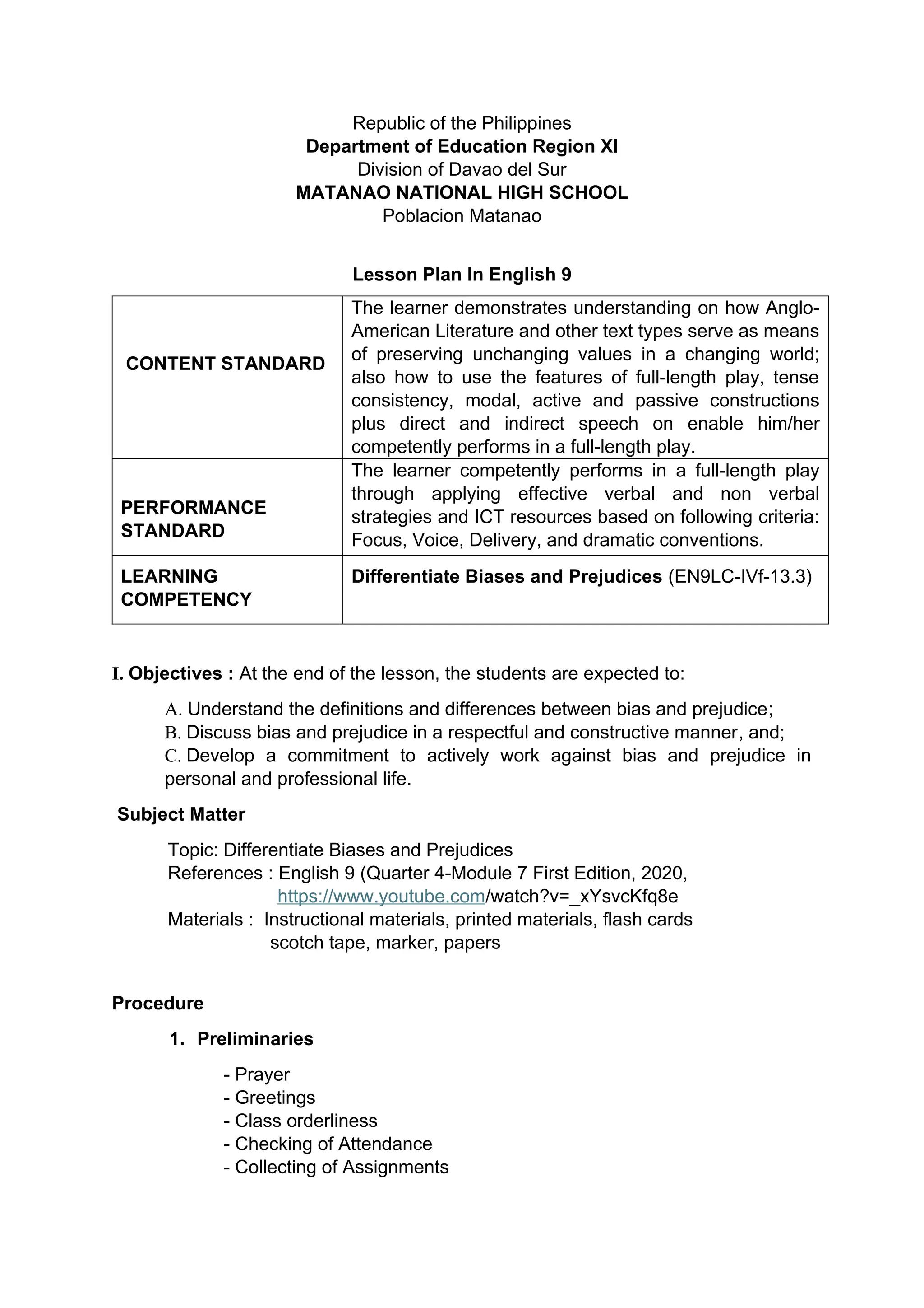 lesson plan for differentiate bias and prejudice | DOCX