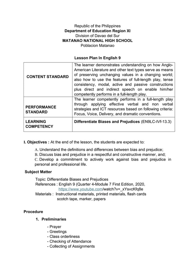 lesson plan for differentiate bias and prejudice | PDF