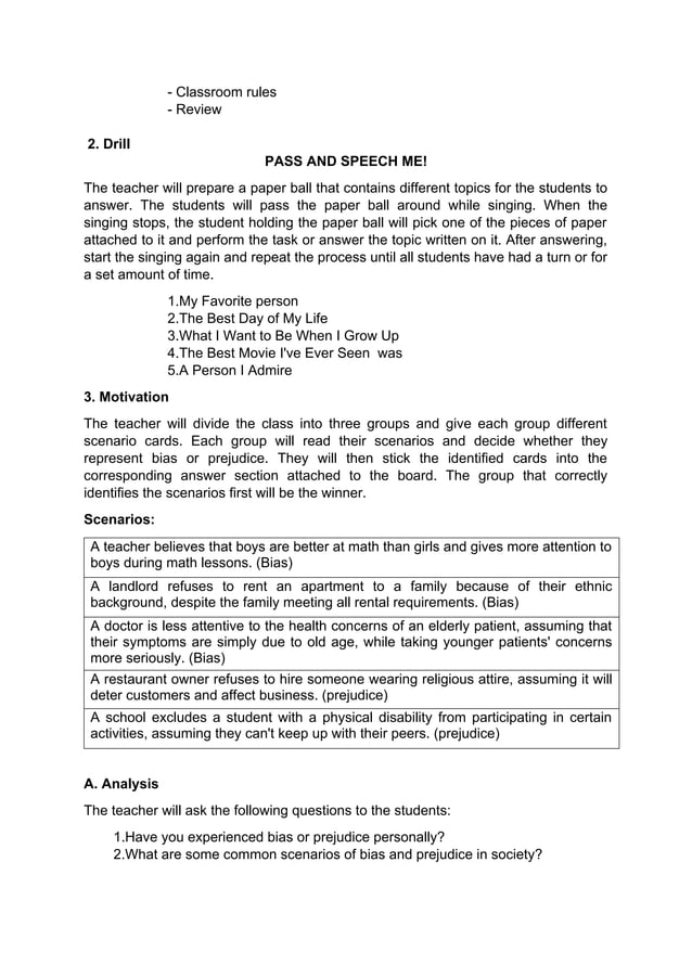 lesson plan for differentiate bias and prejudice | PDF