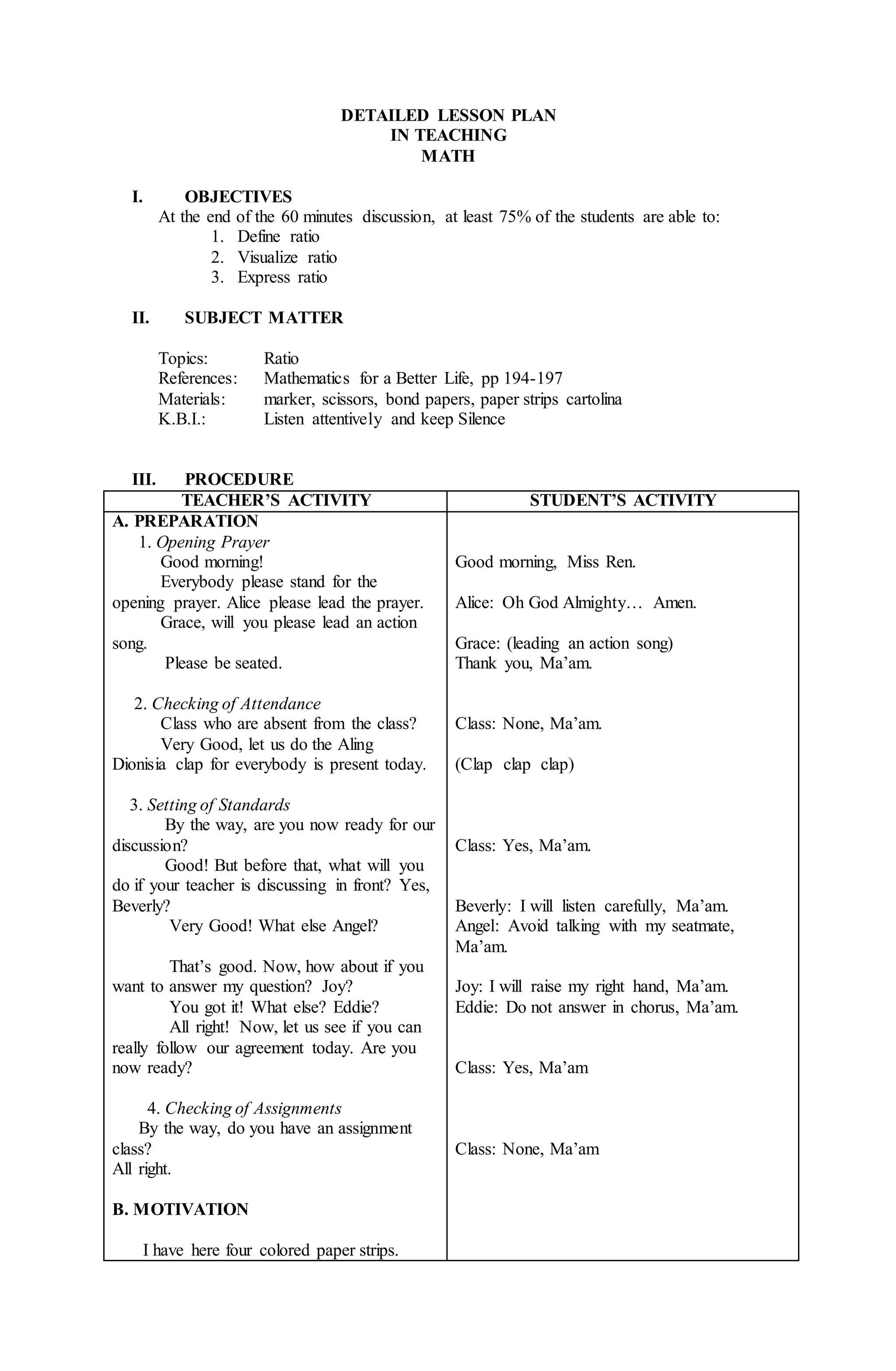 detailed lesson plan - ratio and proportion | PDF