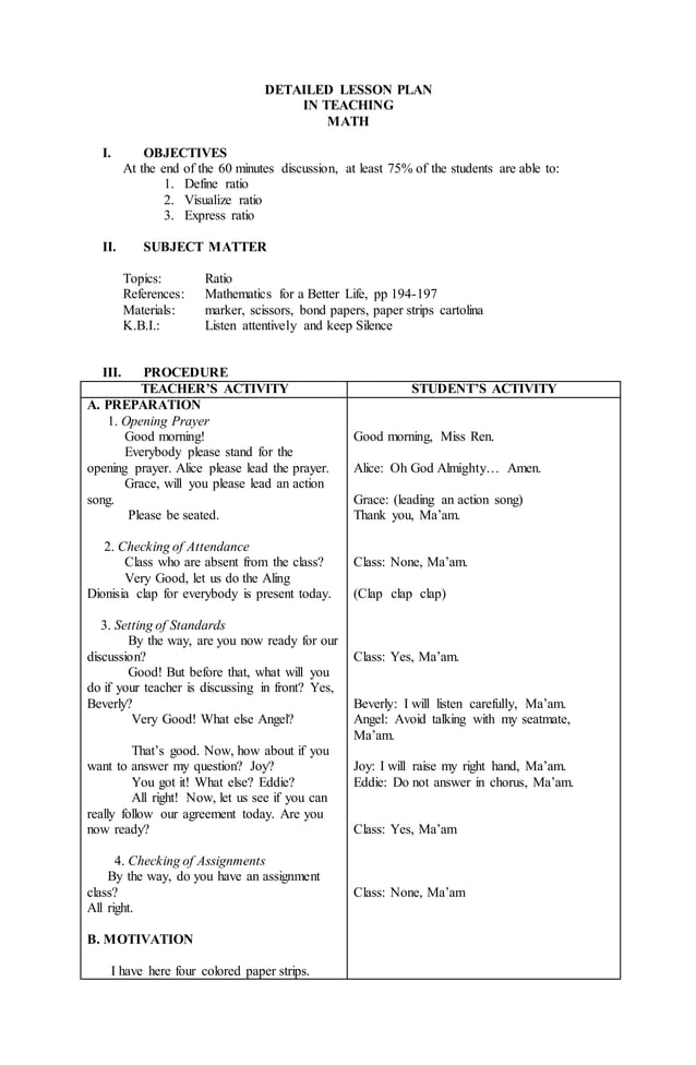 detailed lesson plan - ratio and proportion | PDF