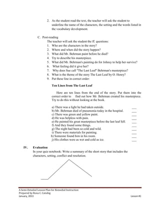 Lesson Plan on Elements of Short Story | DOCX