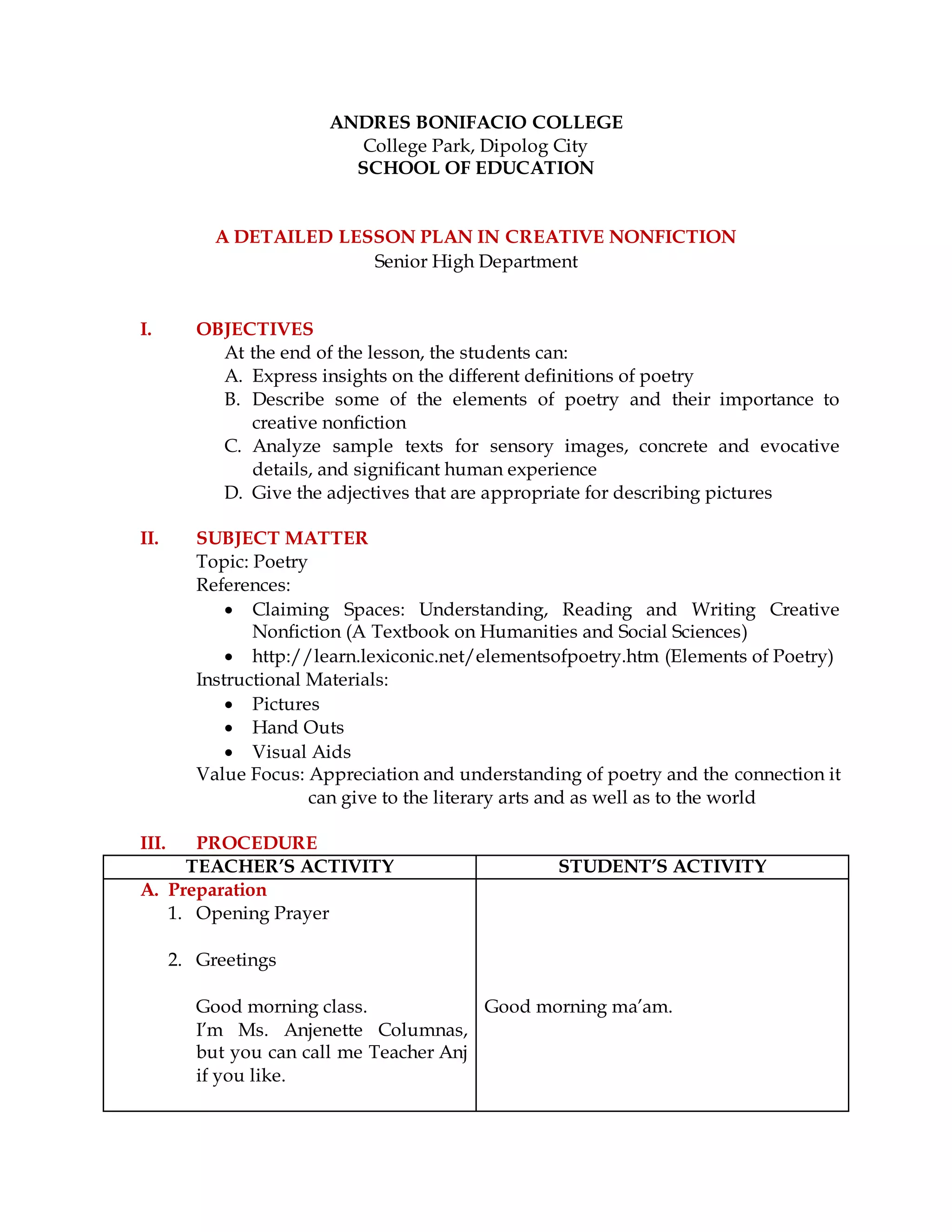 Detailed Lesson Plan (Creative Nonfiction) Poetry | DOCX