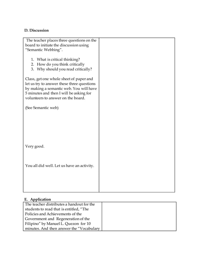 Detailed Lesson Plan (Reading and Writing) Techniques in Critical ...