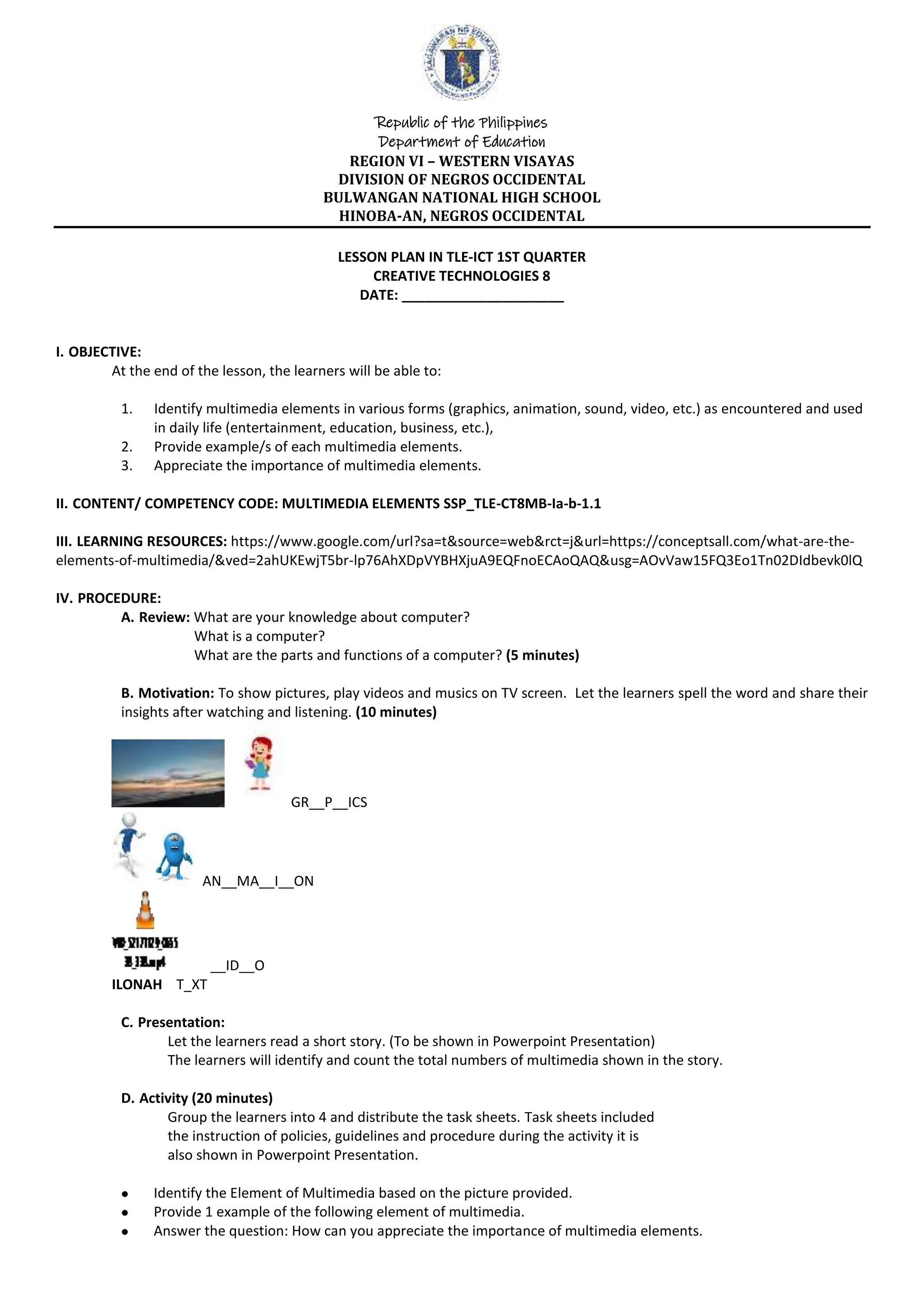 CREATIVE TECHNOLOGY GRADE 8, LP 1ST QUARTER WEEK 1, ELEMENTS OF ...