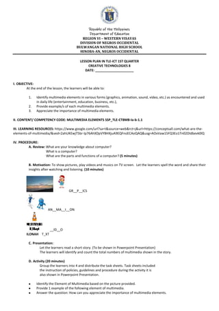 CREATIVE TECHNOLOGY GRADE 8, LP 1ST QUARTER WEEK 1, ELEMENTS OF ...