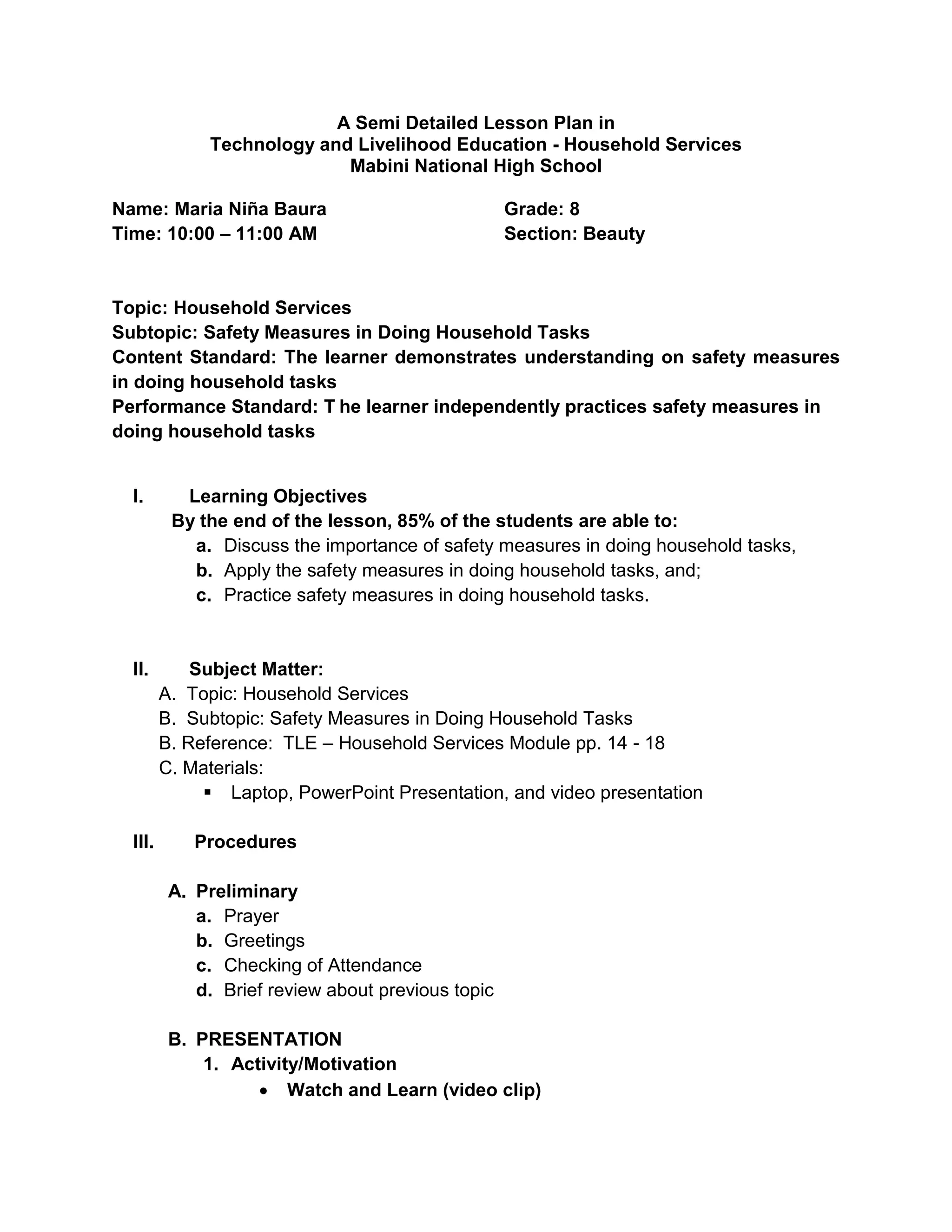 SEMI-DETAILED LESSON PLAN HOUSEHOLD SERVICES | DOCX