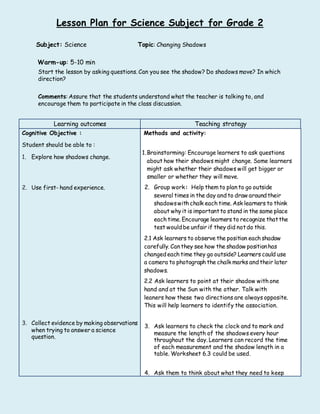 Science Learning Plan (Changing shadows) | DOCX