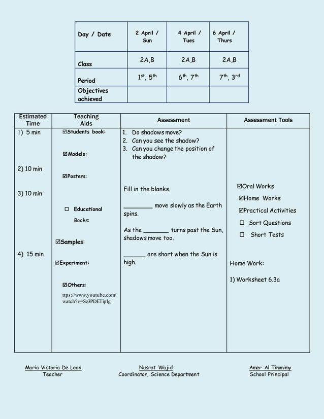 Science Learning Plan (Changing shadows) | DOCX