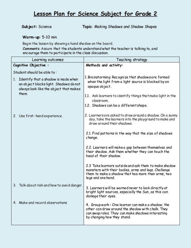 Science Learning Plan (Making shadows and Shadow shapes)