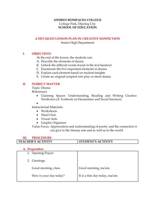 Detailed Lesson Plan (Creative Nonfiction) Drama | DOCX
