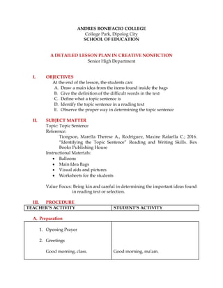 Detailed Lesson Plan (Reading and Writing) Topic Sentence | DOCX